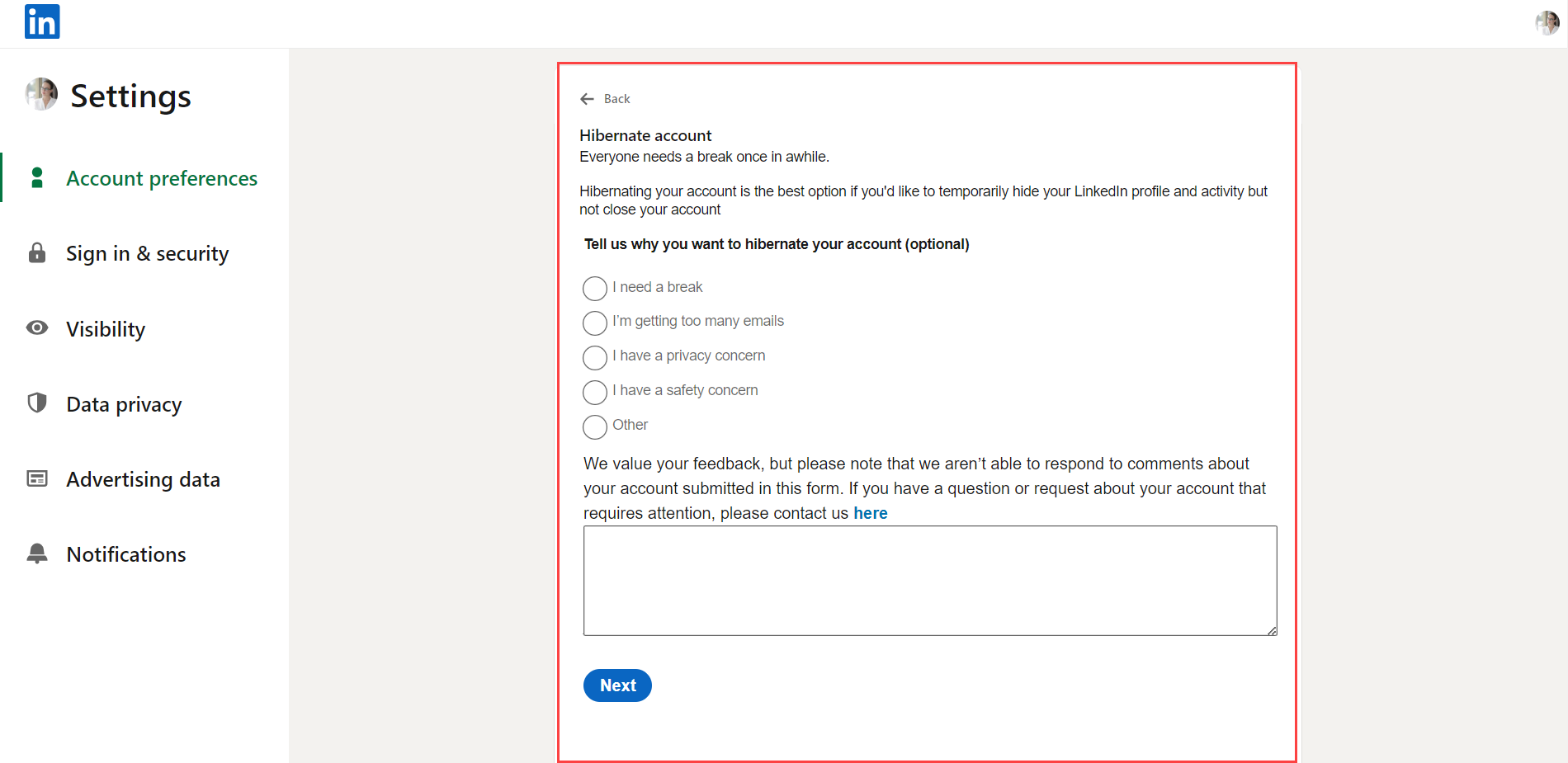 What happens when you hibernate your LinkedIn account?
